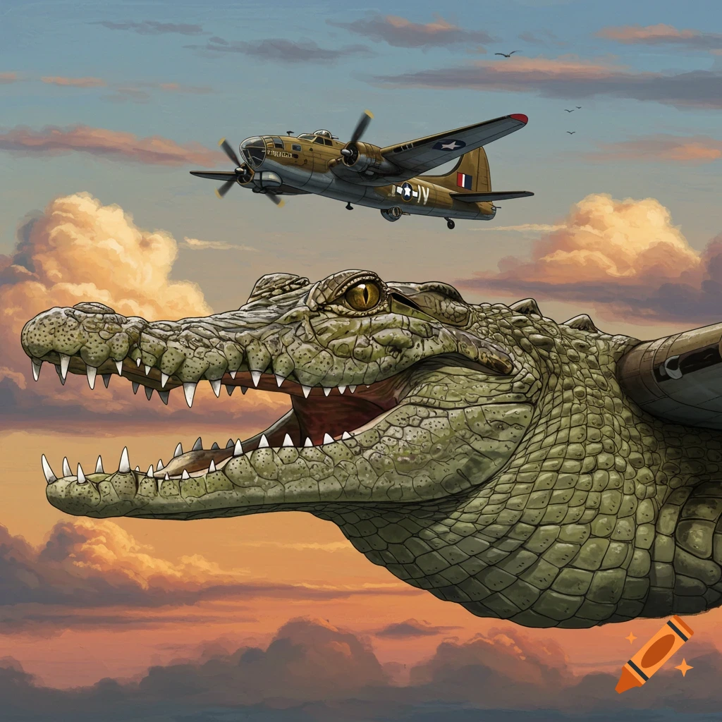An illustration of a giant crocodile head with plane wings flying next ...