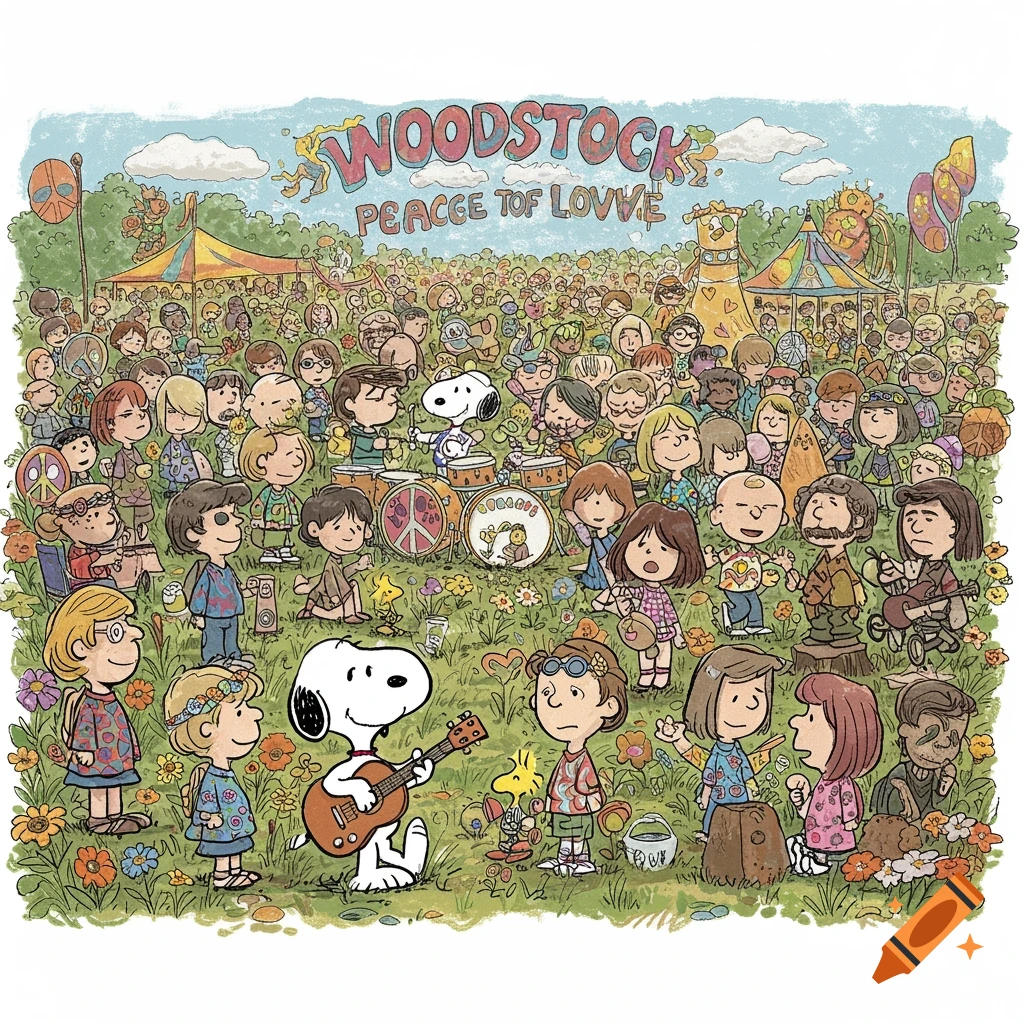 Snoopy plays guitar at a Woodstock-style music festival with other ...