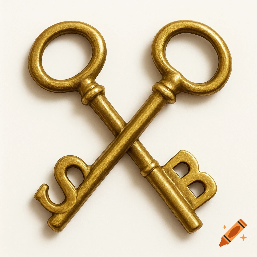 Two vintage golden keys with S and B shaped teeth crossed on a white ...