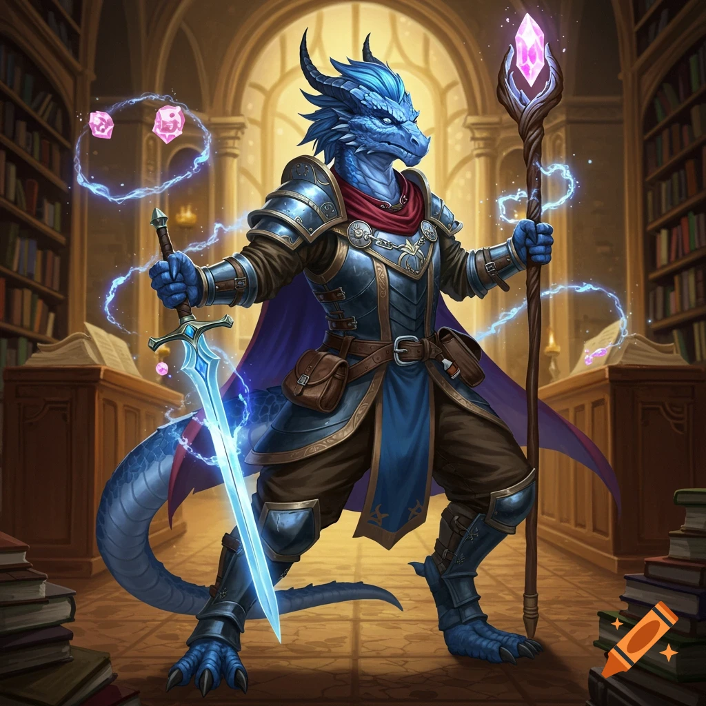A blue Dragonborn wizard fighter stands in a library, holding a glowing ...