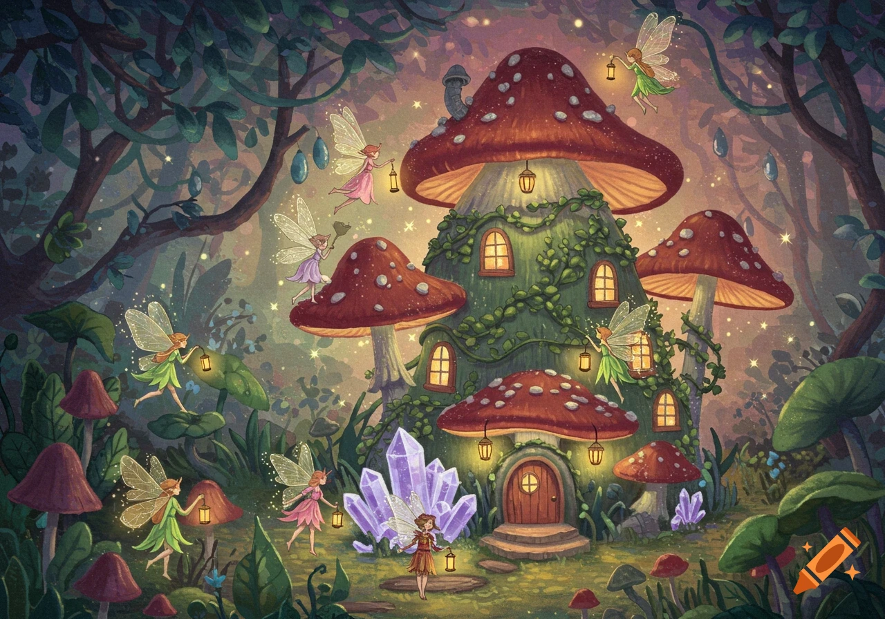 Detailed illustration of fairies flying around a mushroom house in a ...