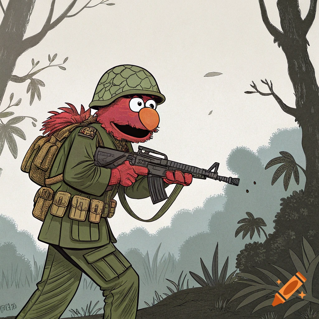 Cartoon illustration of Elmo dressed in military uniform holding a ...