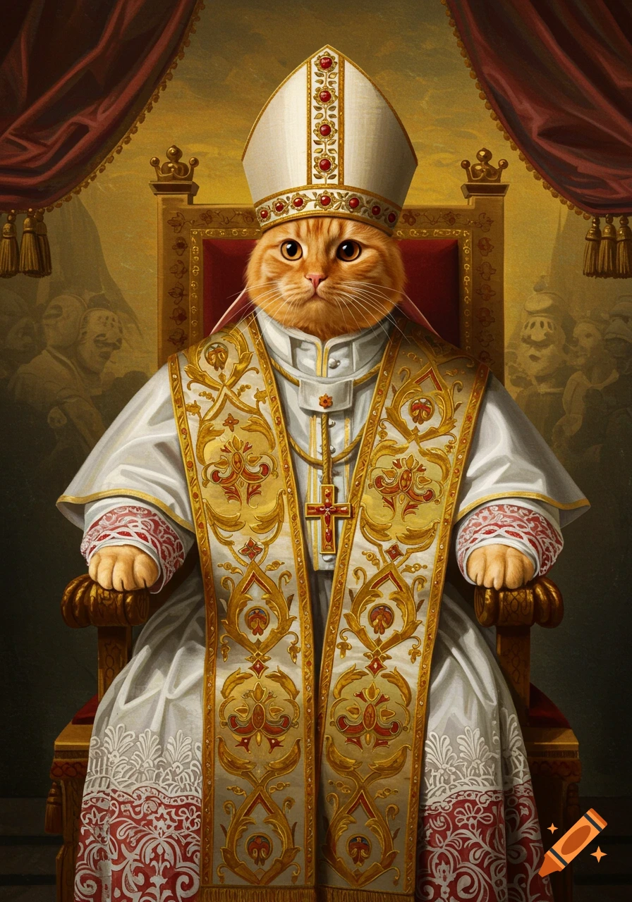A ginger cat dressed as a pope sits on a throne. on Craiyon