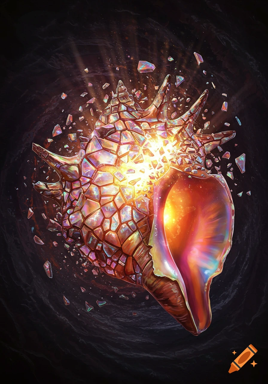 A shimmering conch shell shatters, emitting a bright light and colorful ...