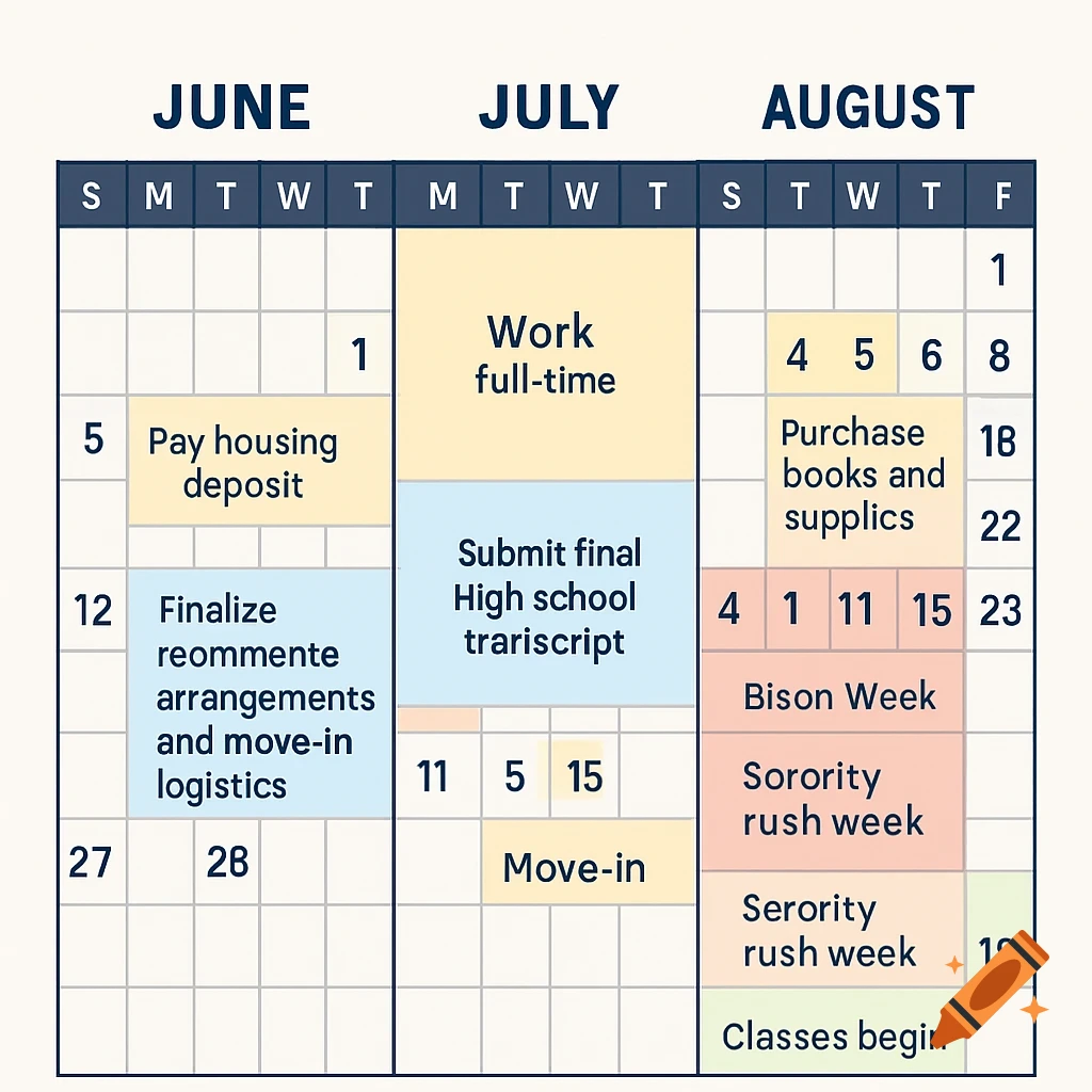 Calendar for June-August with university transition dates and events ...