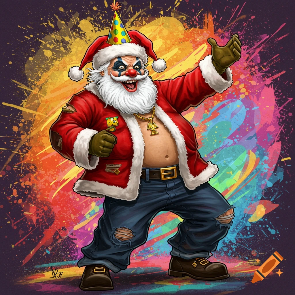 Clown Santa in party hat, ripped jeans, and gold chain poses against ...