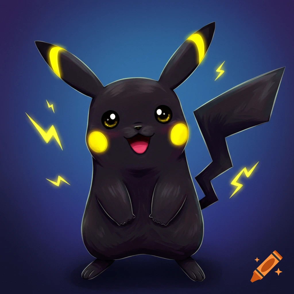 Illustration of a black Pikachu with yellow cheeks, ears, and tail, surrounded by lightning ...