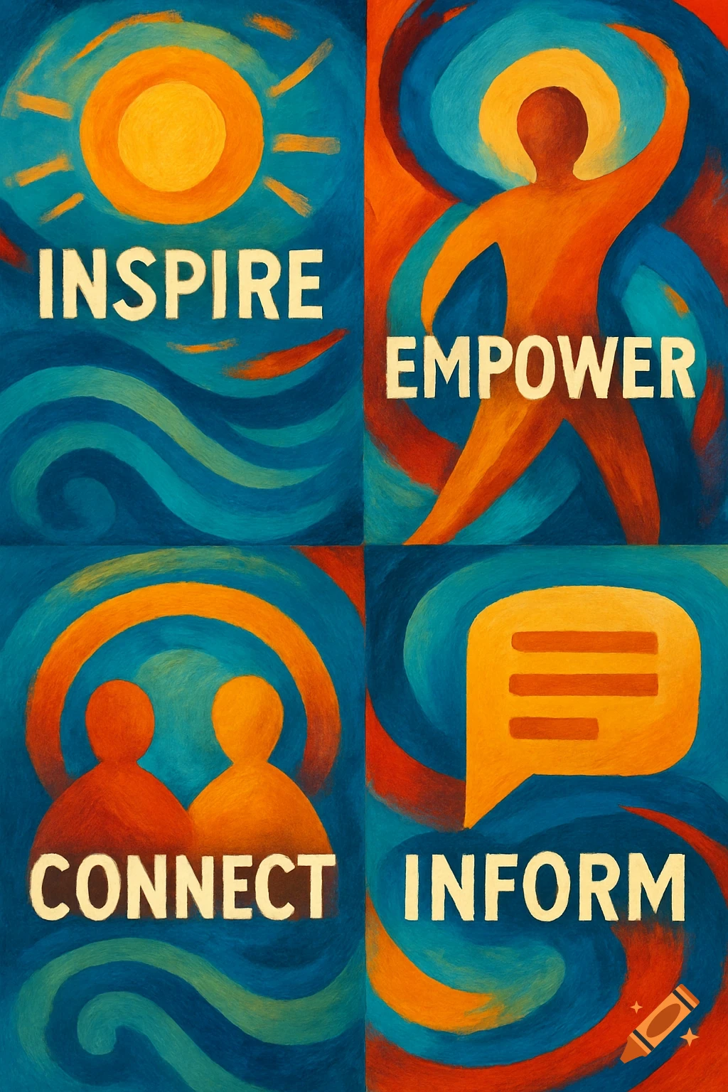 Abstract painting in four panels: inspire, empower, connect, inform ...