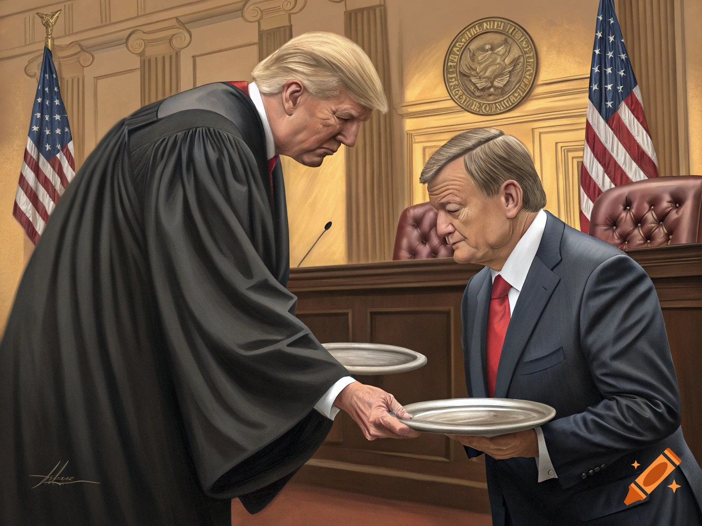 Painting of Trump in a judge robe handing a platter to John Roberts in ...