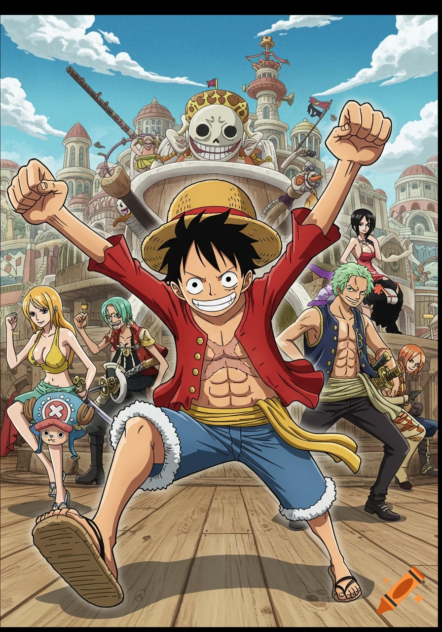Monkey D. Luffy and the Straw Hat crew standing in a town from One ...
