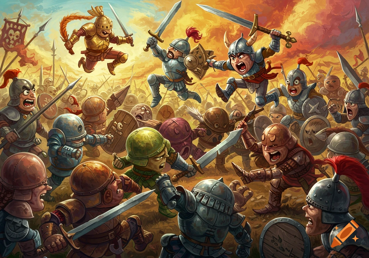 Cartoon illustration of a chaotic battle between small, armored ...