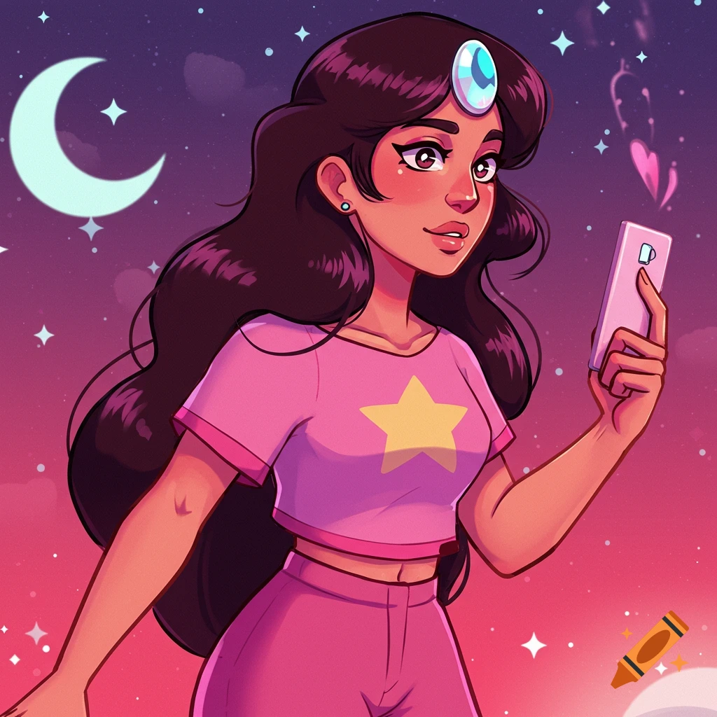 Cartoon girl with gem on forehead and star shirt looks at phone under a ...