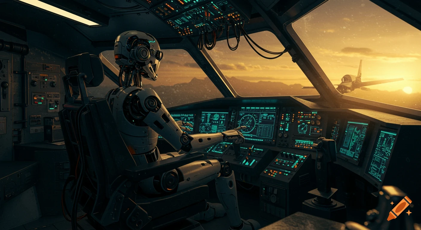 A robot pilot sits in the cockpit of a futuristic aircraft during a ...