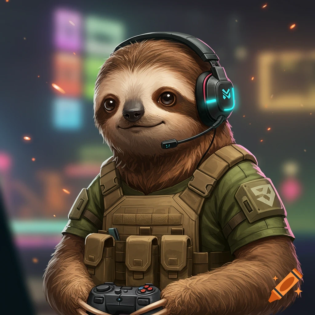An animated sloth wearing a tactical vest and gamer headset, holding a ...