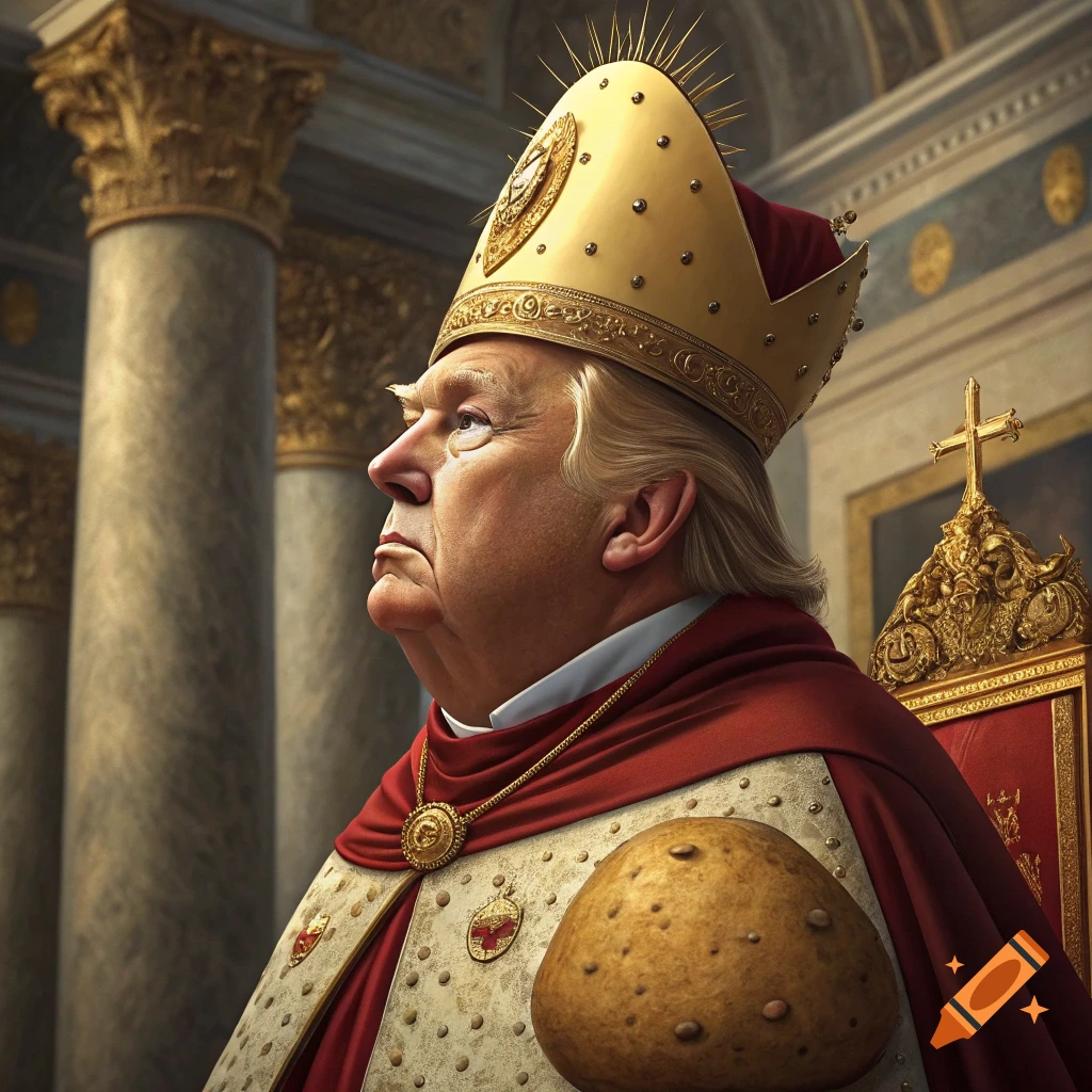 Donald Trump dressed as a Pope with a potato on his chest stands in a ...
