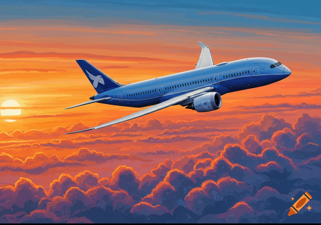 Blue airplane flying through a vibrant orange and blue sunset sky with ...