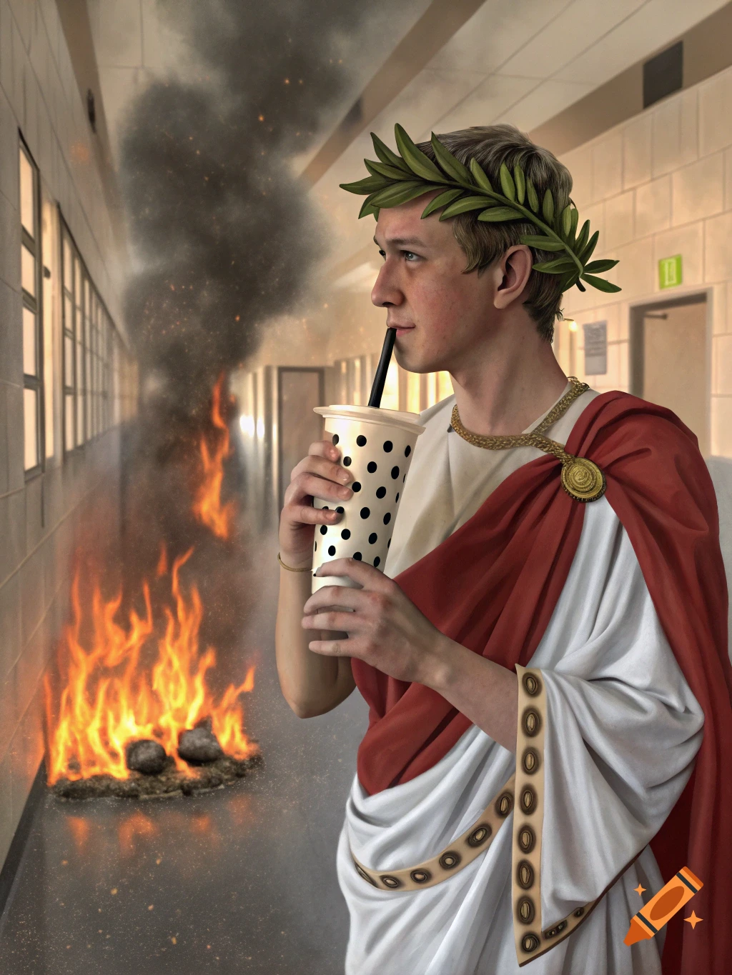 A person dressed as Julius Caesar drinks boba tea in a burning school ...