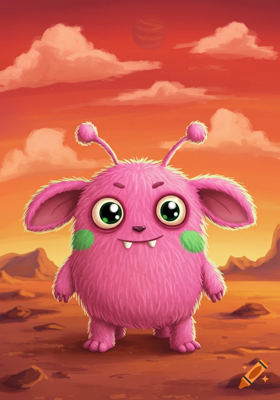 A cute, fluffy pink alien creature with green spots and big eyes stands ...