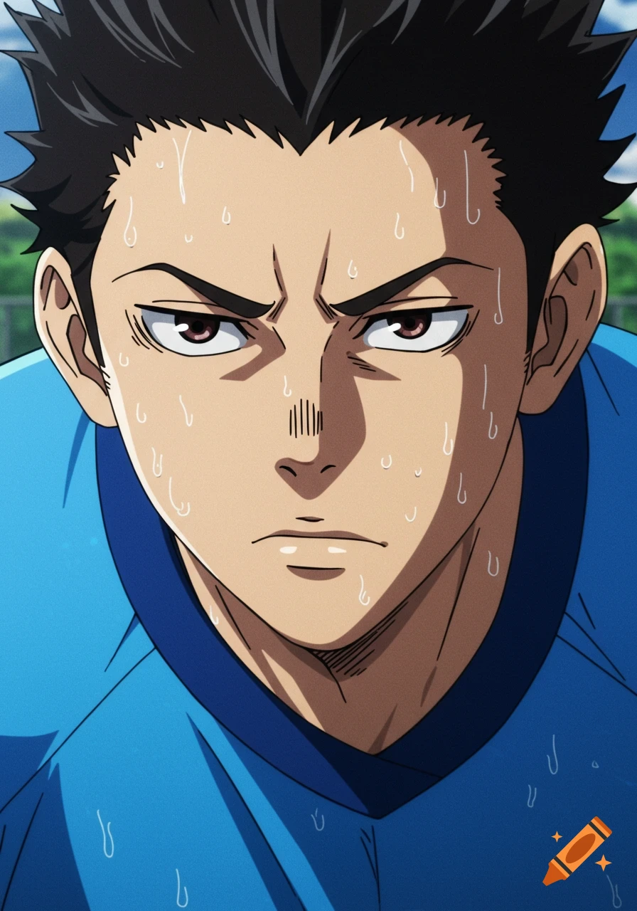 Anime portrait of a sweating young man in a blue shirt, looking intense ...