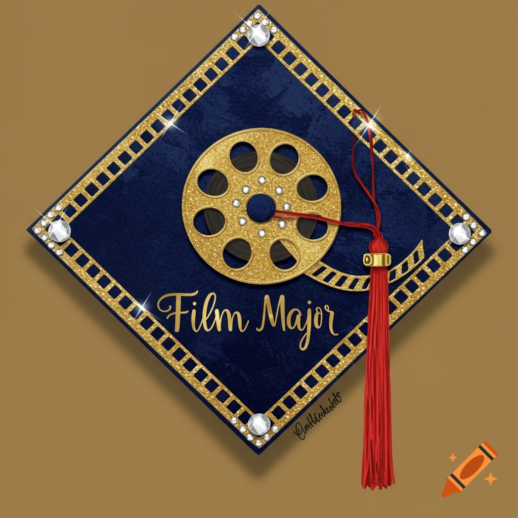 A decorated graduation cap for a film major, featuring a gold film reel ...