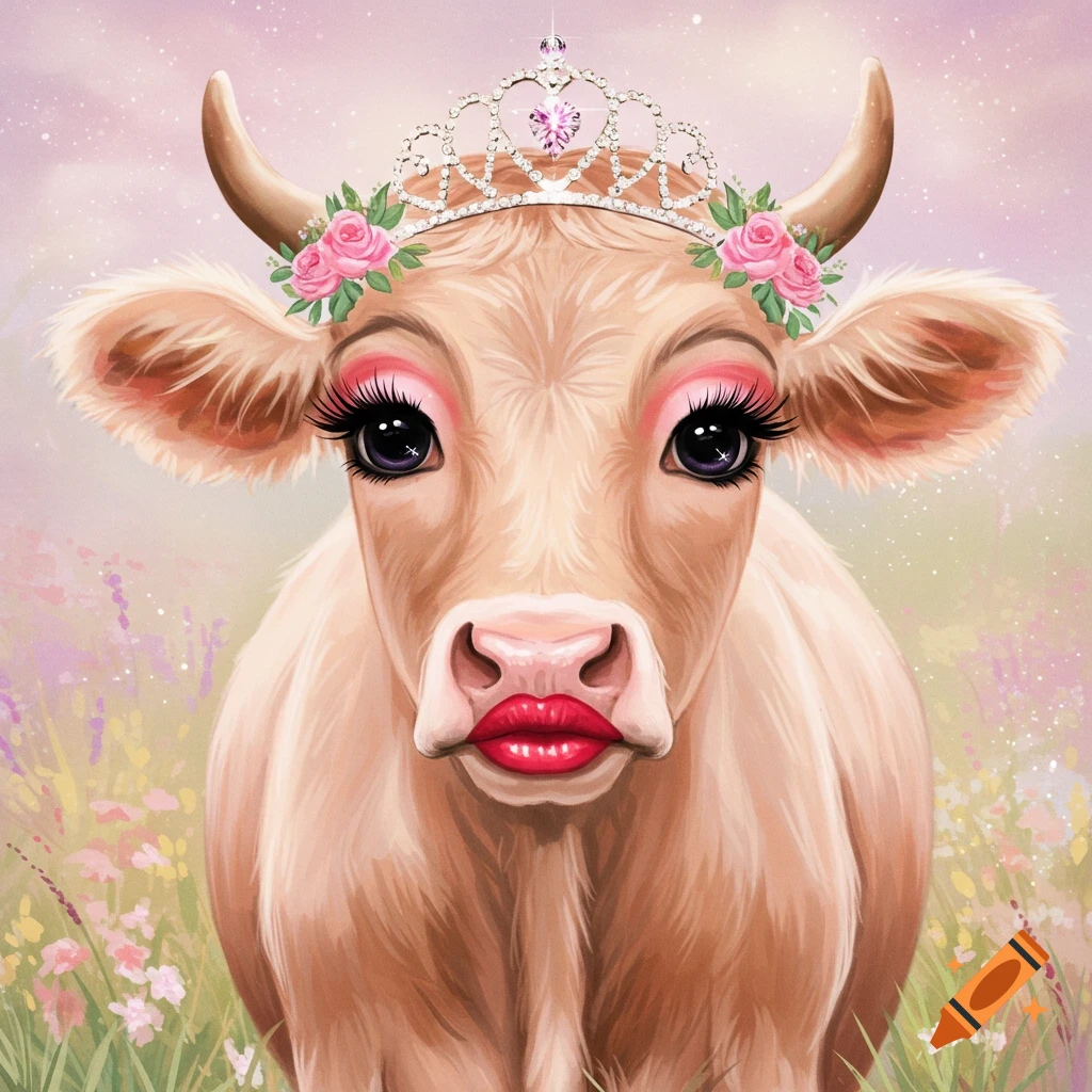 A cow wears a sparkling tiara and red lipstick in a field of flowers ...