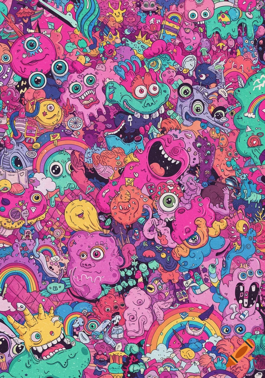 Busy, colorful illustration of various weird, cartoonish monsters, eyes ...