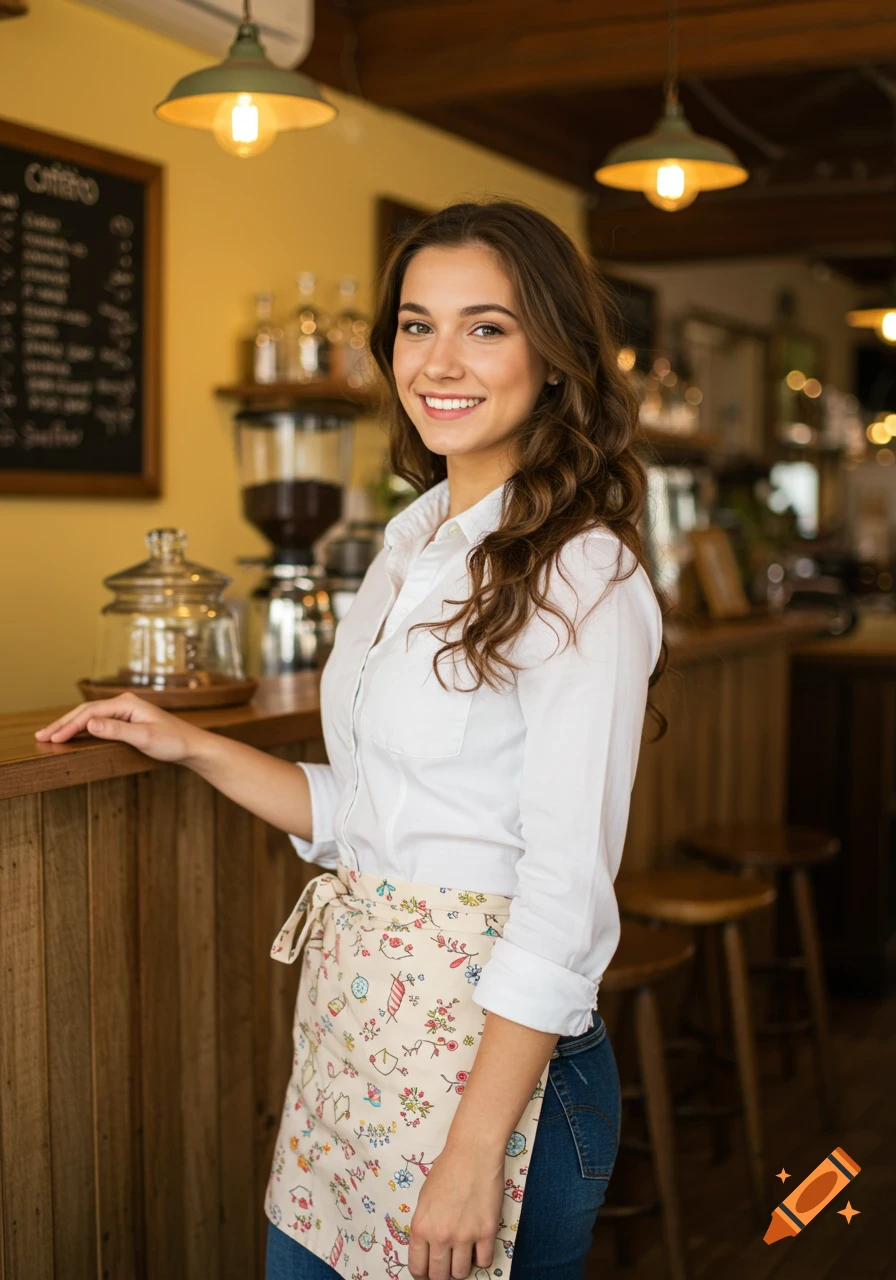 A smiling young woman wearing a waitress uniform in a cafe. on Craiyon