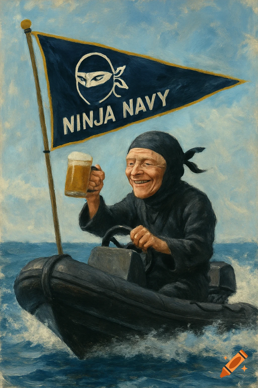 Person in ninja outfit driving a boat with a Ninja Navy flag, holding a ...