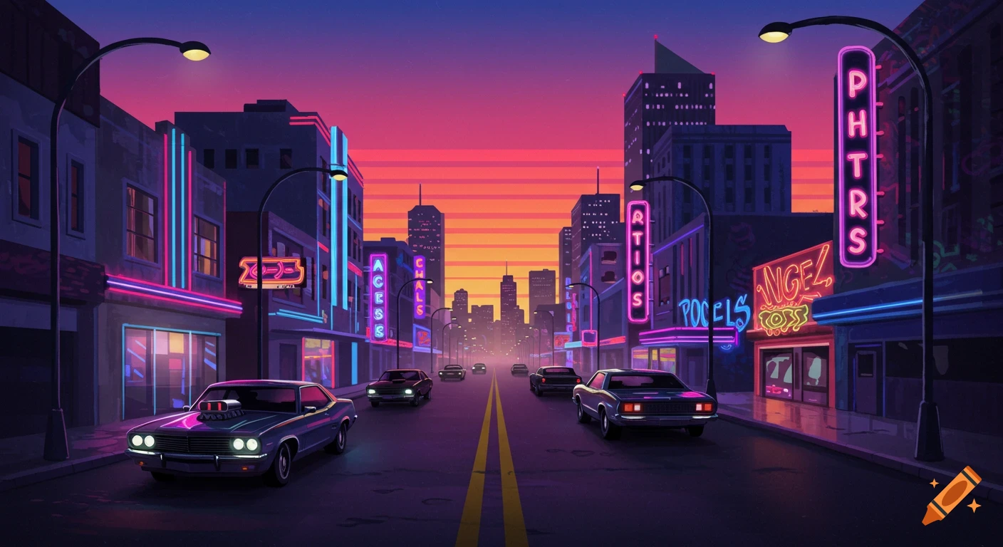 Synthwave cityscape with classic cars and neon signs at sunset on Craiyon