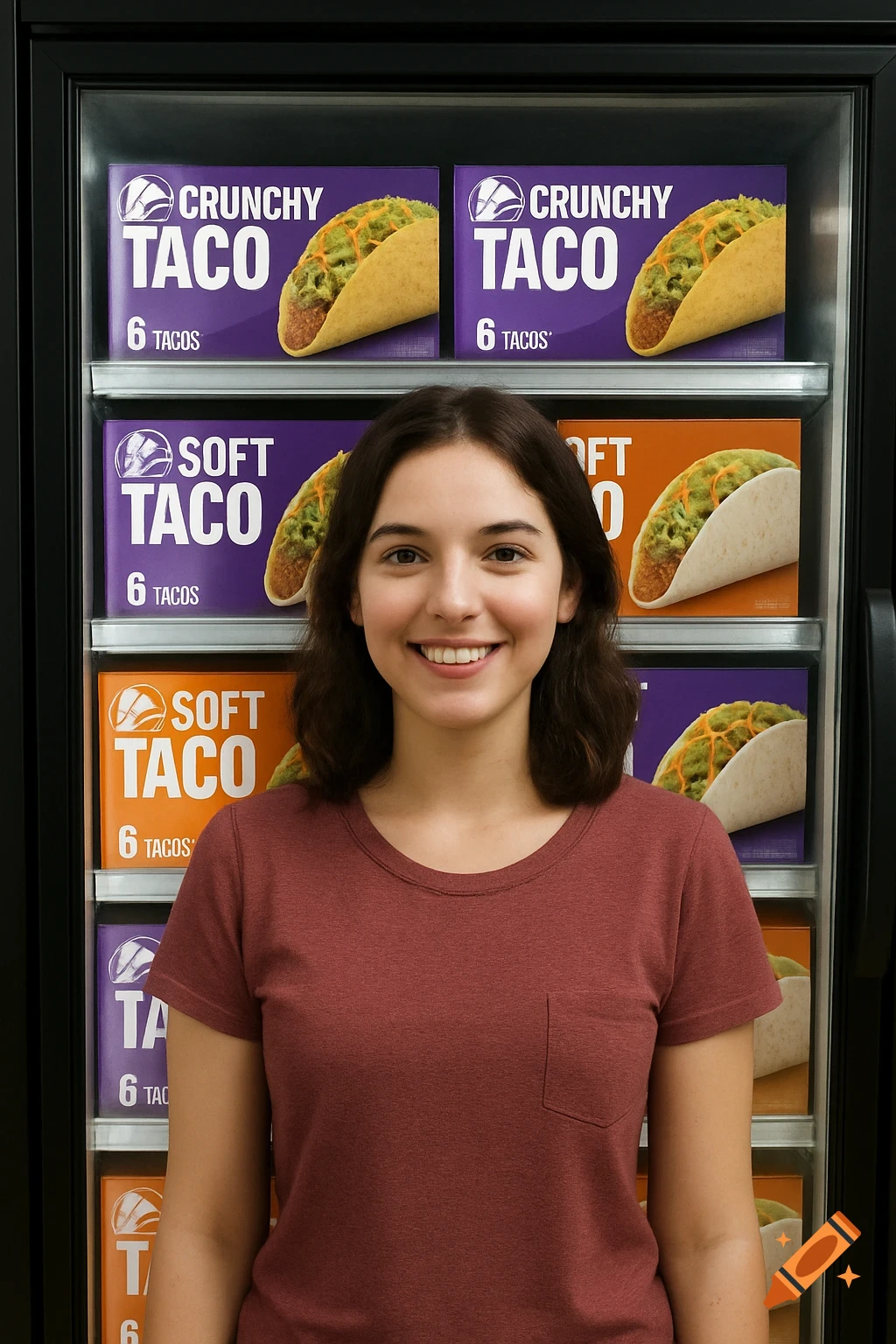 A person smiles while standing in front of a grocery store freezer stocked with Taco Bell taco ...
