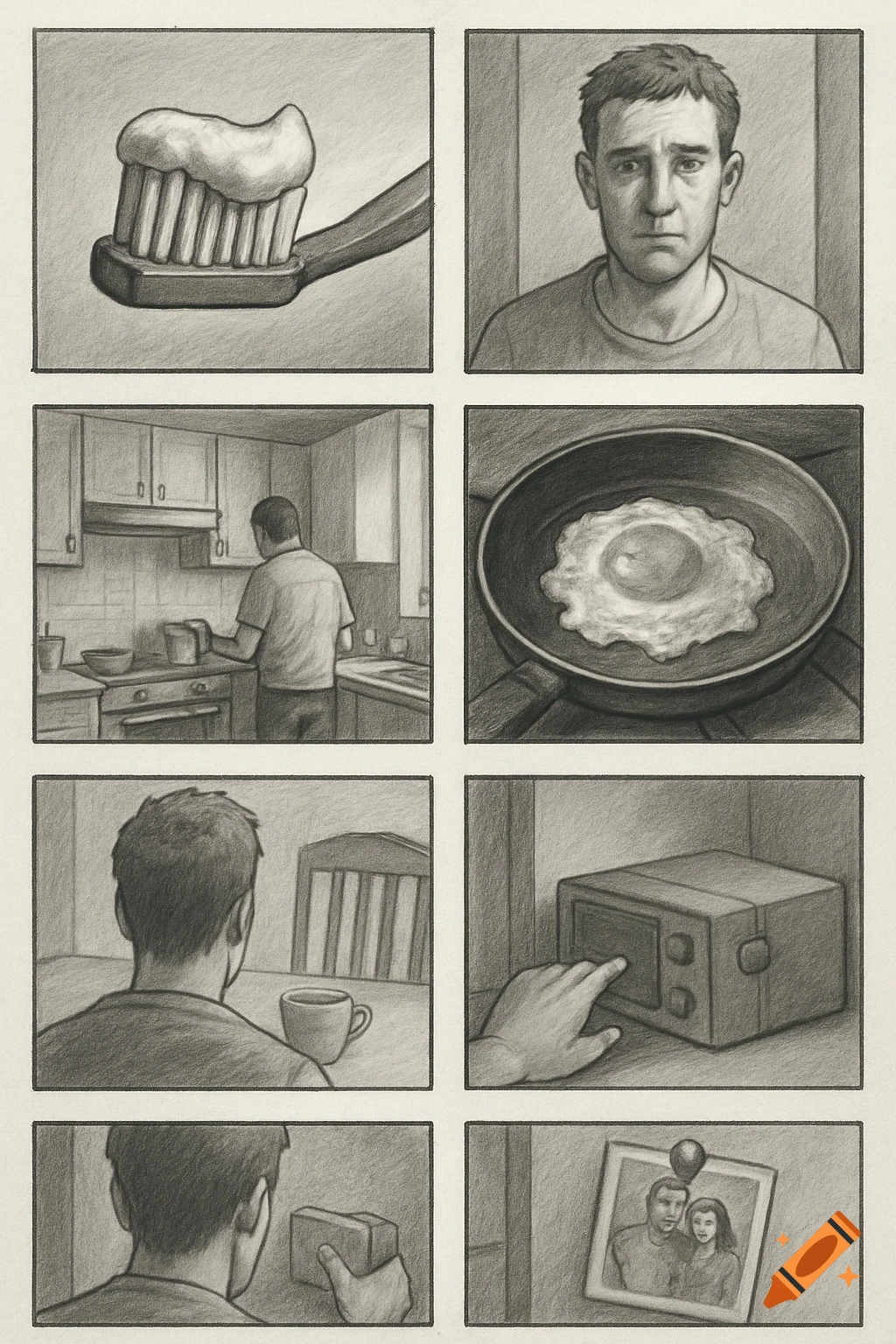 Pencil sketch storyboard showing scenes from a man's morning ...