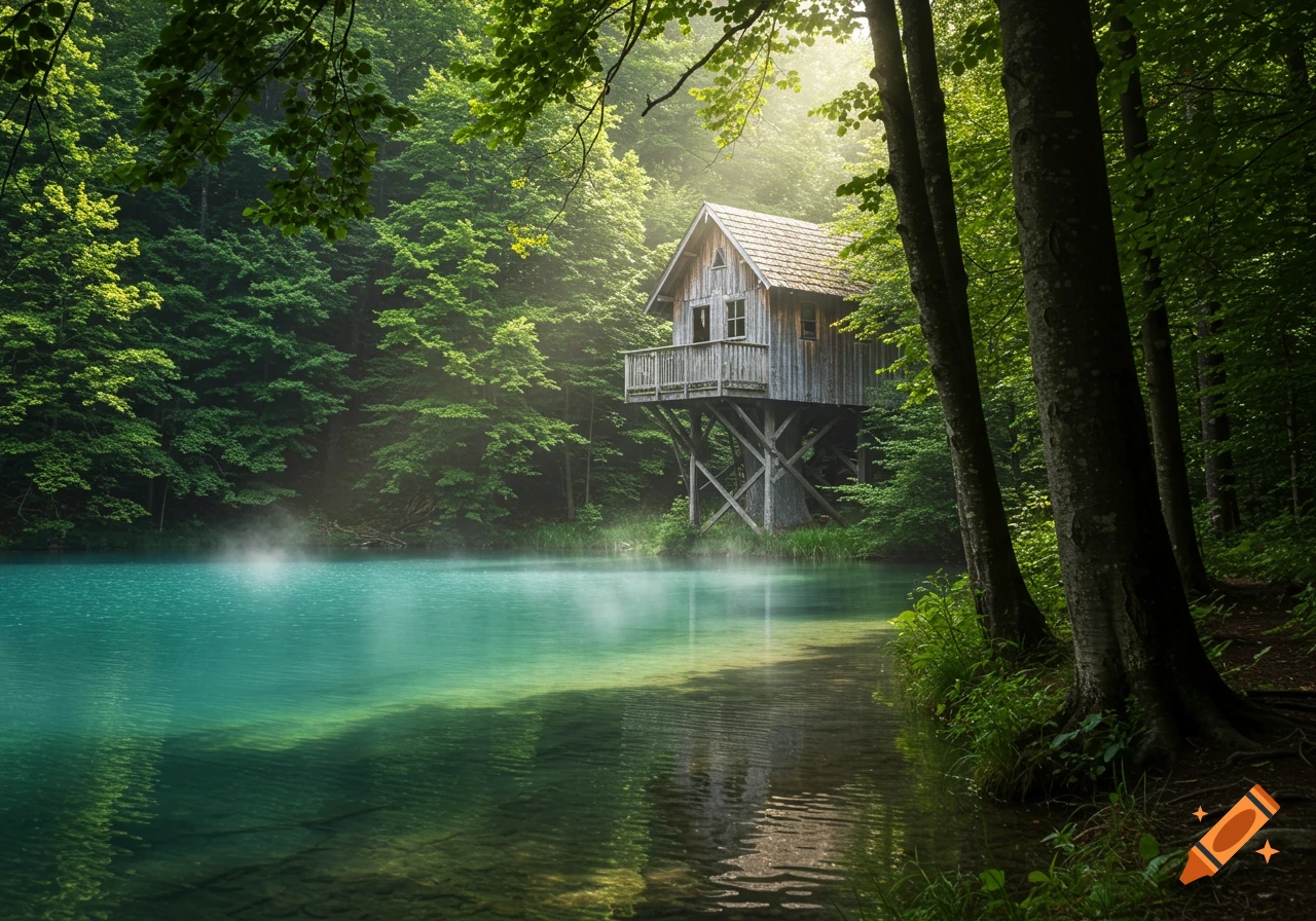 A wooden treehouse overlooks a clear blue lake in a sunlit forest. on ...