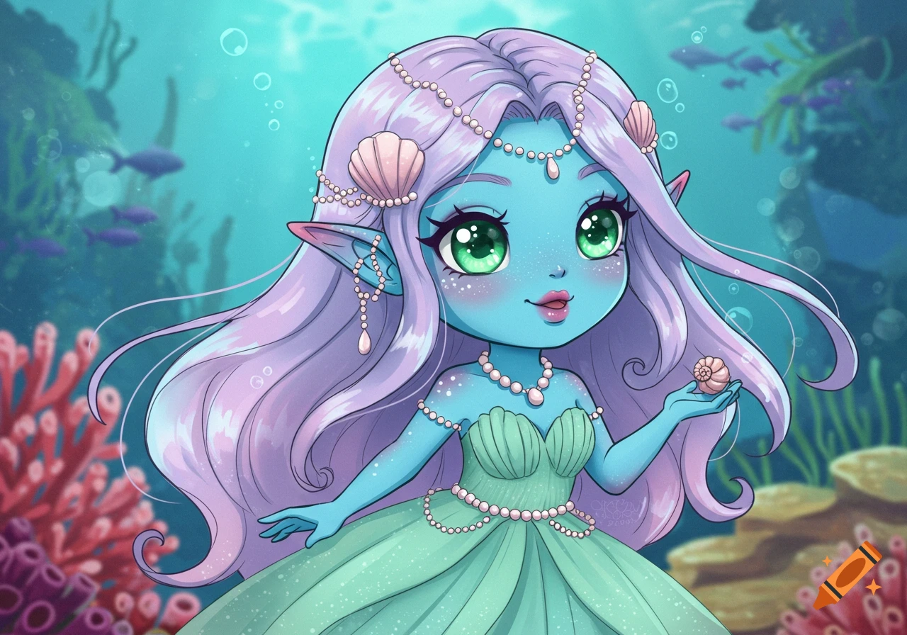 A cute cartoon blue-skinned mermaid with pastel purple hair holding a ...