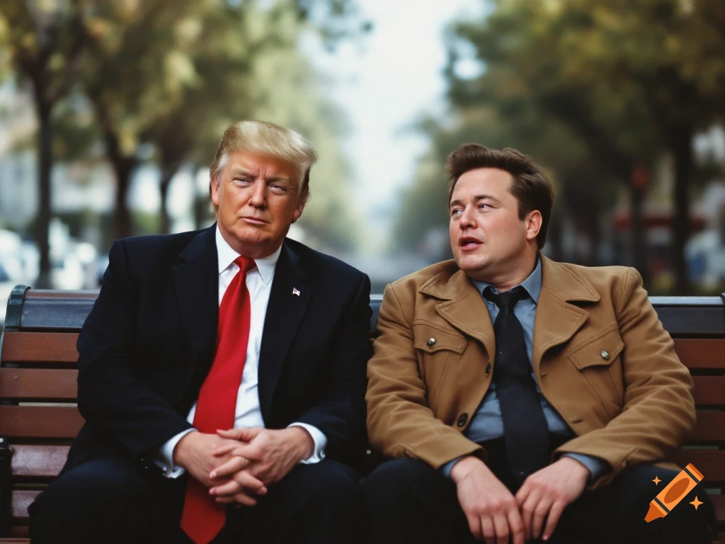 Donald Trump and Elon Musk sit on a park bench. on Craiyon