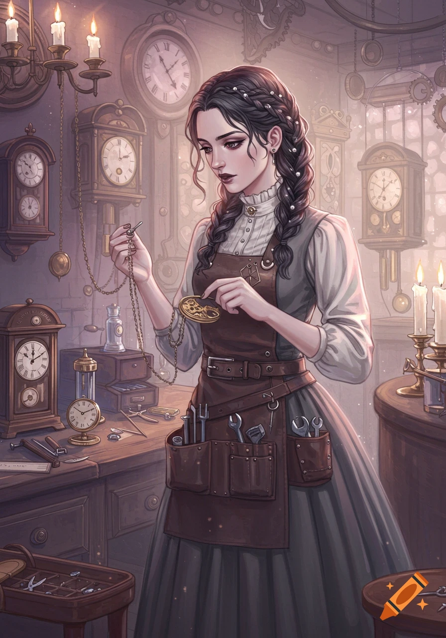 Illustration of a gothic clockworker woman repairing a pocket watch in ...