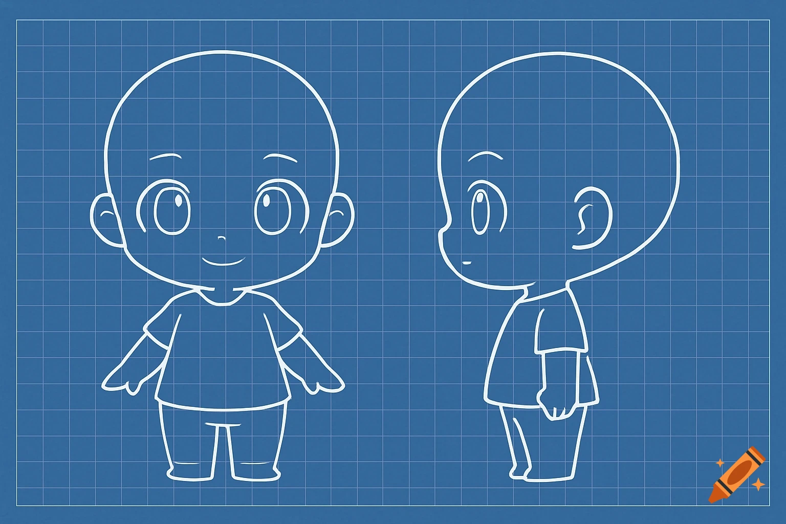 White outline drawing of a chibi character from the front and side view ...