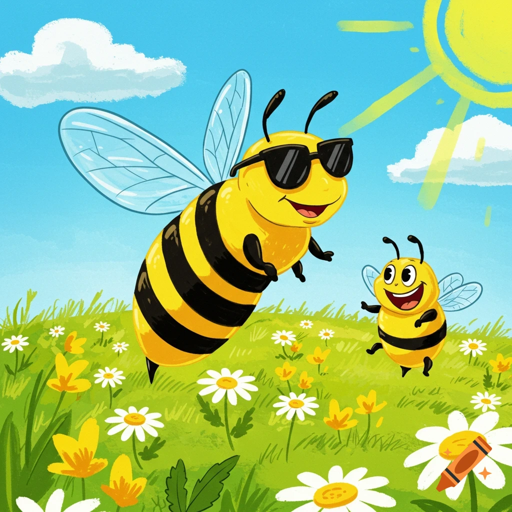 Cartoon bees flying over a field of daisies under a sunny sky on Craiyon