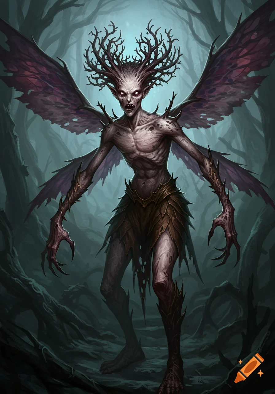 A skeletal horror fae creature with wings and antlers stands in a dark forest. on Craiyon
