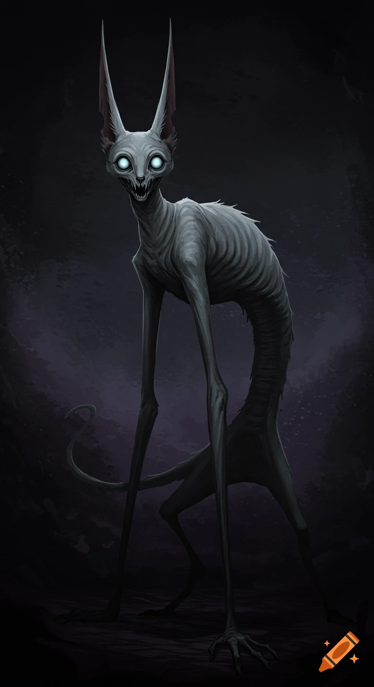 A creepy elongated gray creature resembling a cat with glowing eyes ...