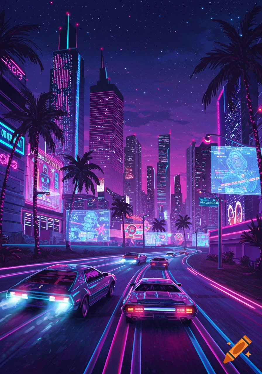 Outrun style street scene with futuristic cars driving down a neon-lit ...