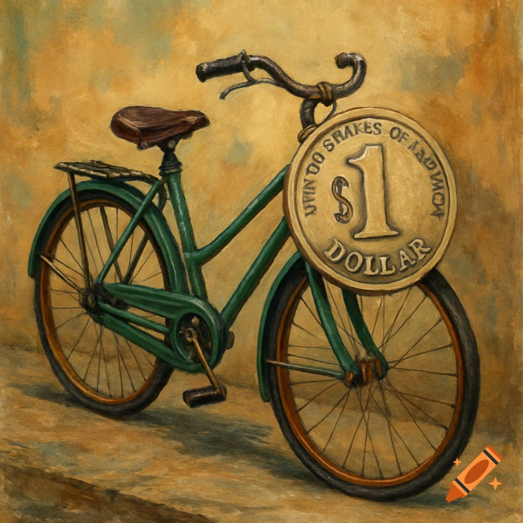 A green bicycle with a large gold dollar coin attached to the front, in ...