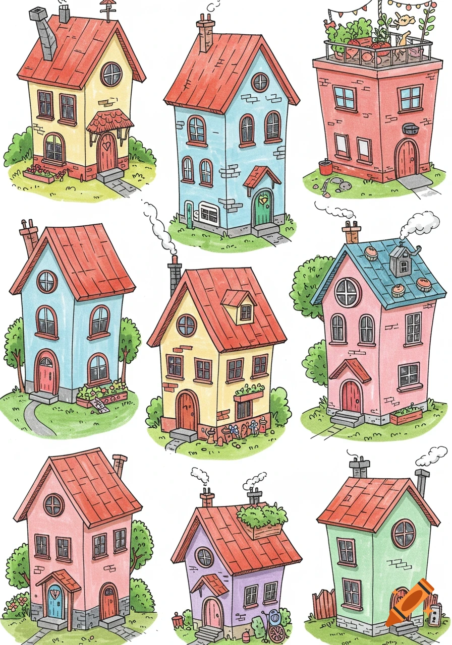 A grid of colorful cartoon houses in a doodle style. on Craiyon