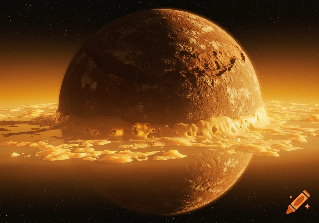 A planet made of bread with melted cheese around its equator floats in ...