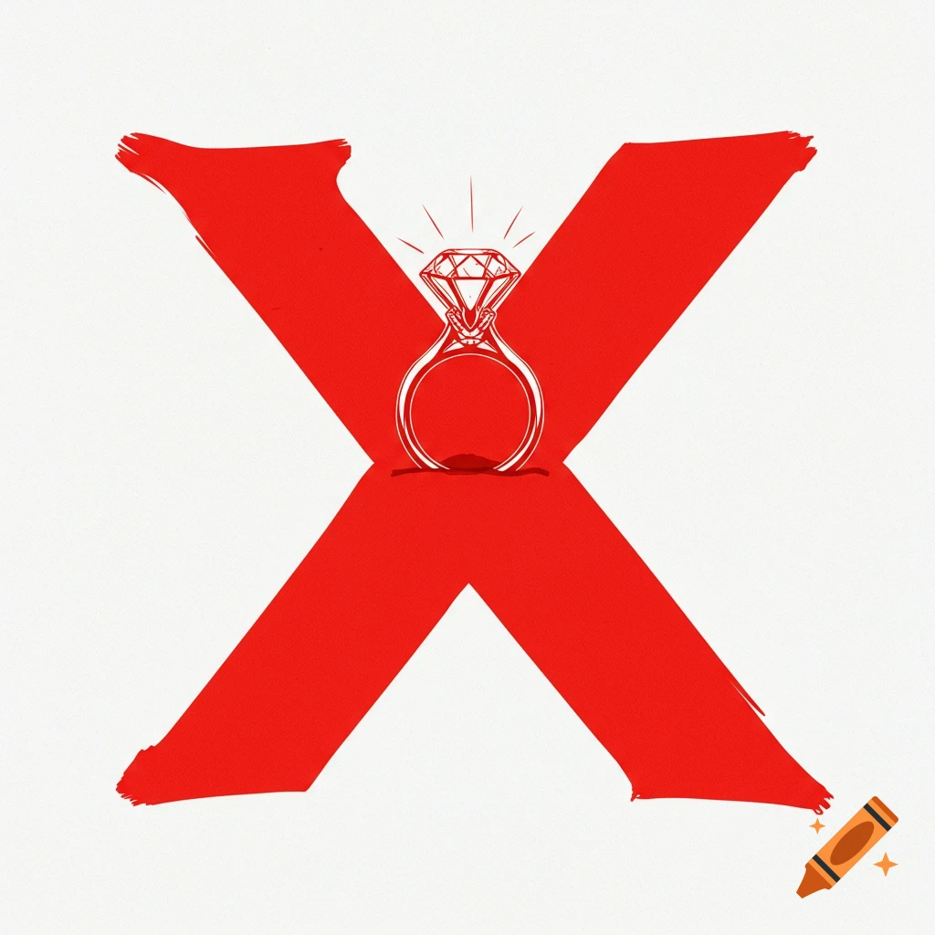 Large red X symbol with a white outline diamond ring placed on it. on ...