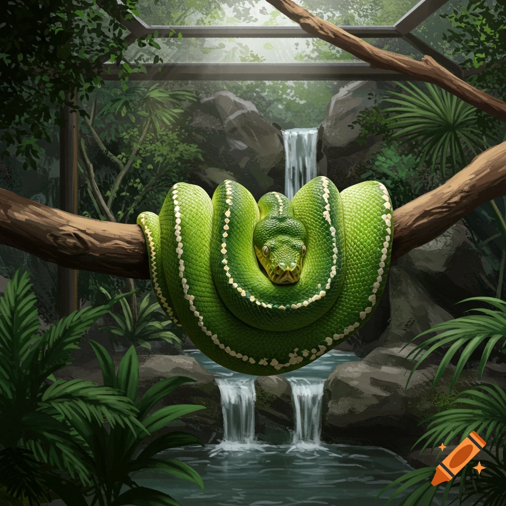 A green snake coiled on a branch in a zoo enclosure with waterfalls and ...
