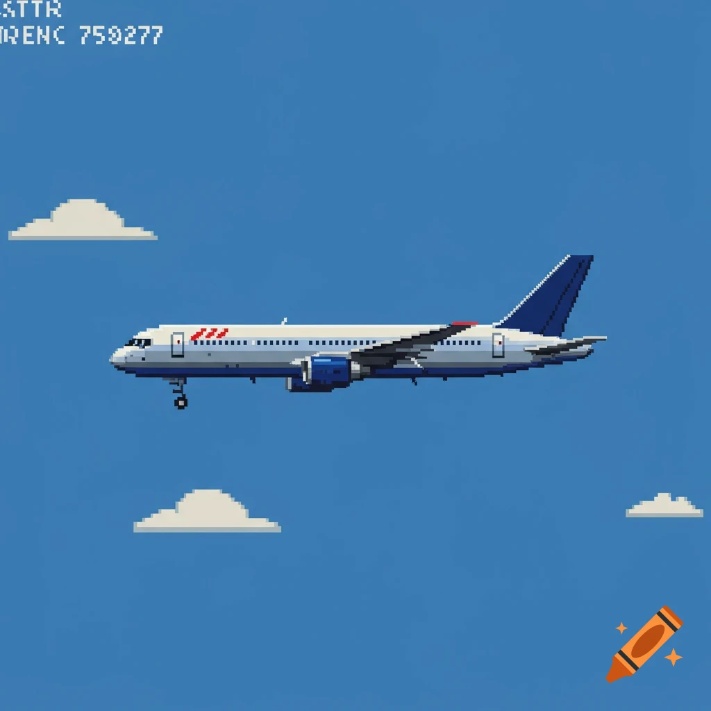 A pixel art image of a Boeing 757 airplane flying in a blue sky with ...