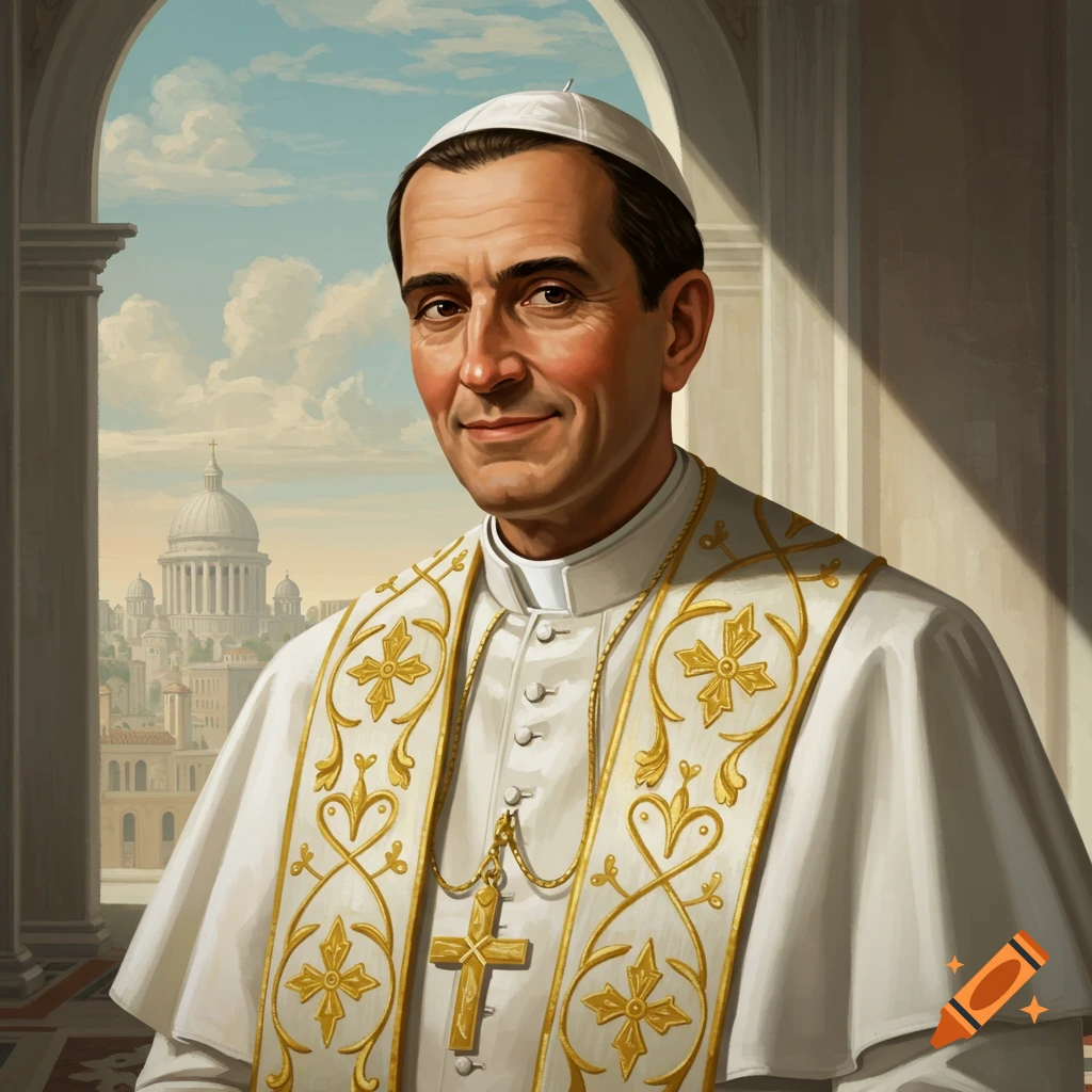 A portrait of a pope in white and gold robes stands before an archway ...