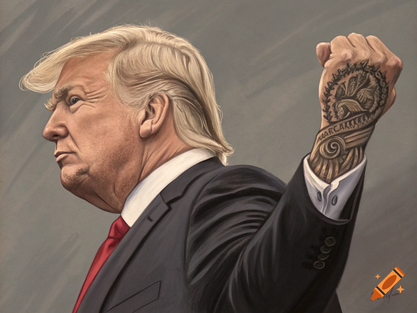 Portrait of a person resembling Donald Trump raising his right fist ...