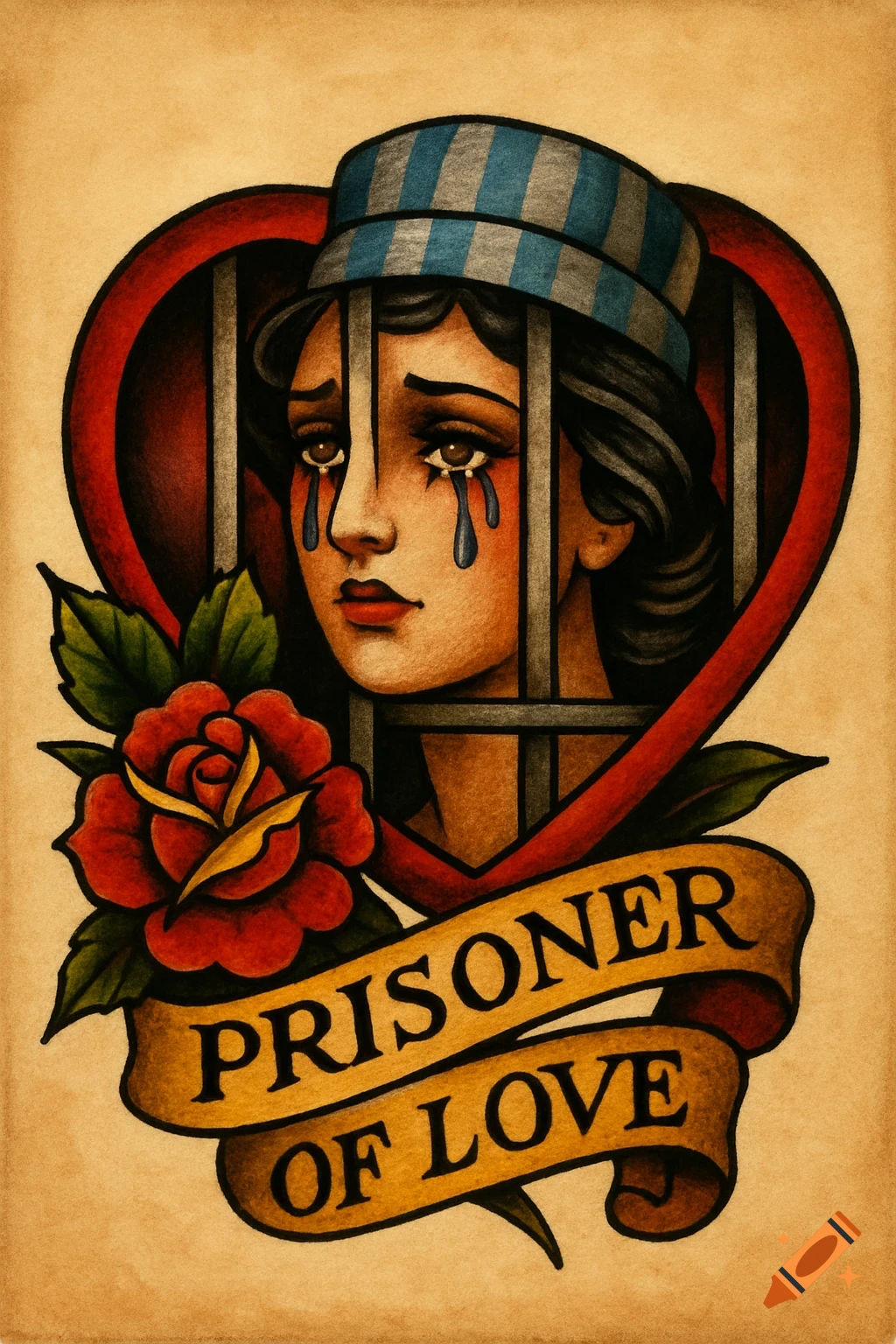 Traditional tattoo art of a crying woman behind bars inside a heart with a banner 'Prisoner of ...