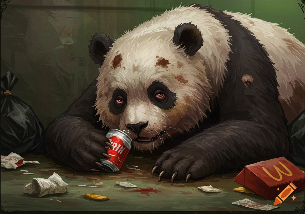 A stylized illustration of a sad panda sitting in trash and holding a ...
